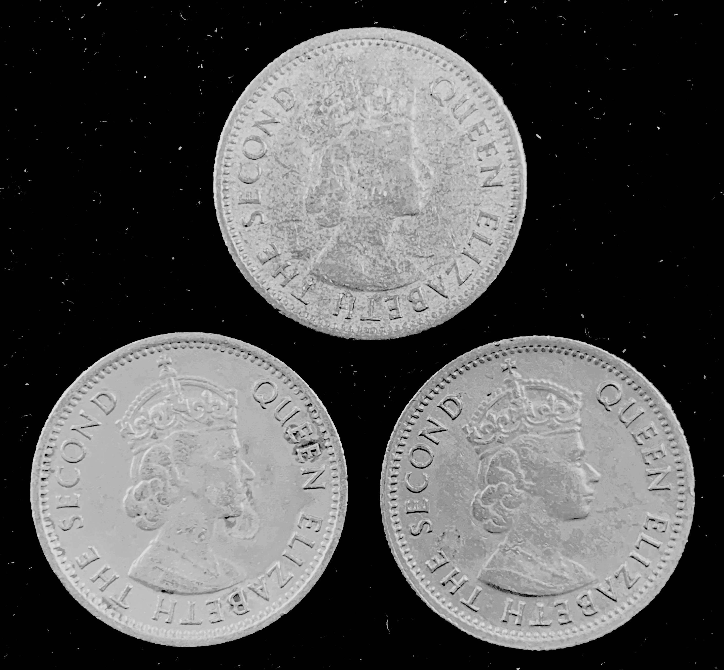 1957 1958 1961 Old British Malaya & North Borneo Queen Elizabeth II x3 Pcs. FIVE 5-Cents Copper ...