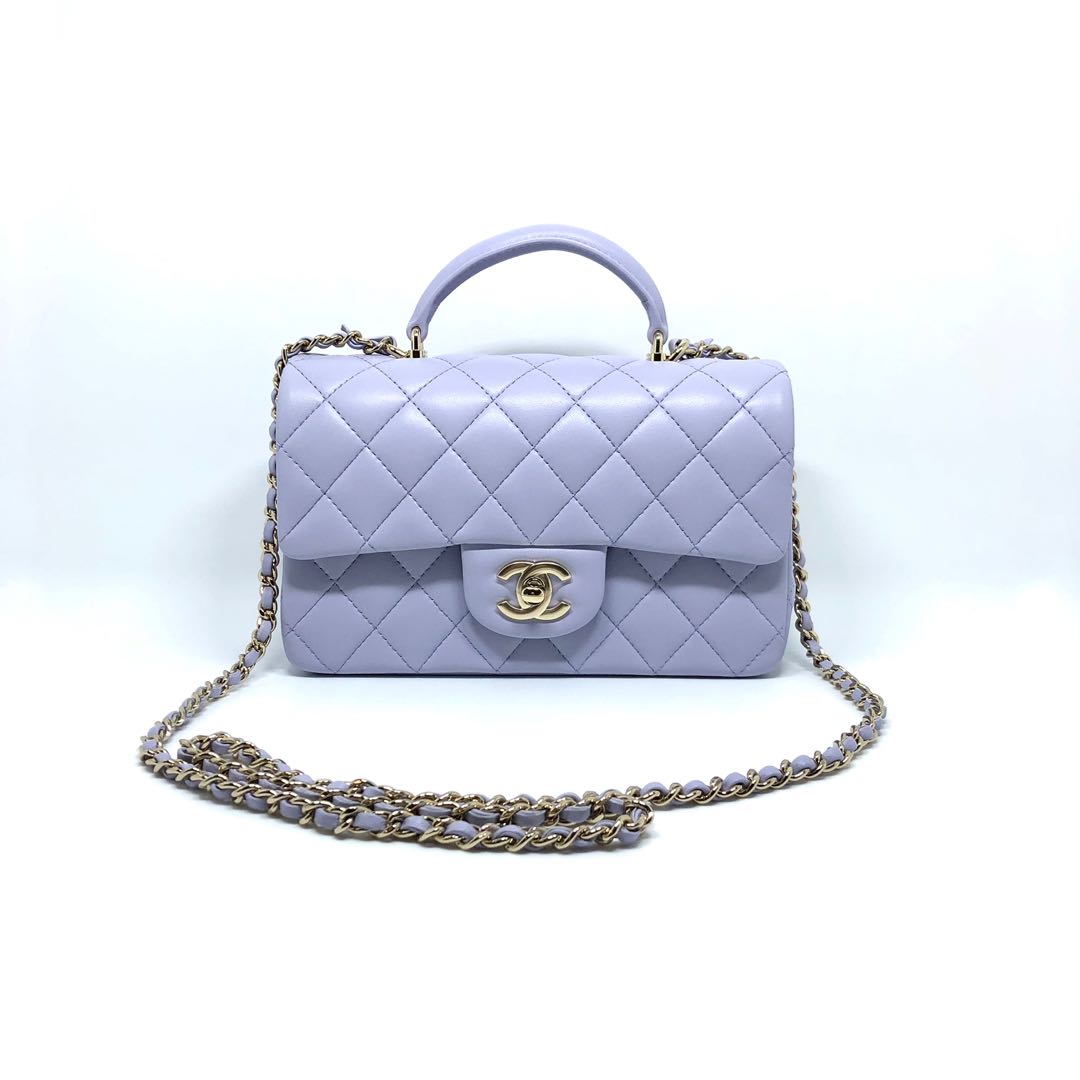 最新9月出 秒殺 Chanel Mini Flap Bag CF20 with Handle 粉紫色 金扣 手挽 CF 20cm, 名牌, 手 ...