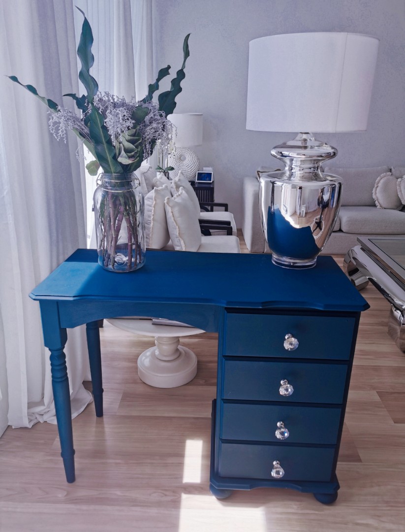 Gorgeous Vintage Teal Navy Study Table Desk Console with Crystal Knob # ...