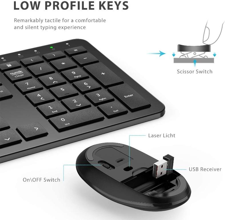 iClever GK08 Wireless Keyboard and Mouse - Rechargeable Wireless Keyboard Ergonomic Full Size ...