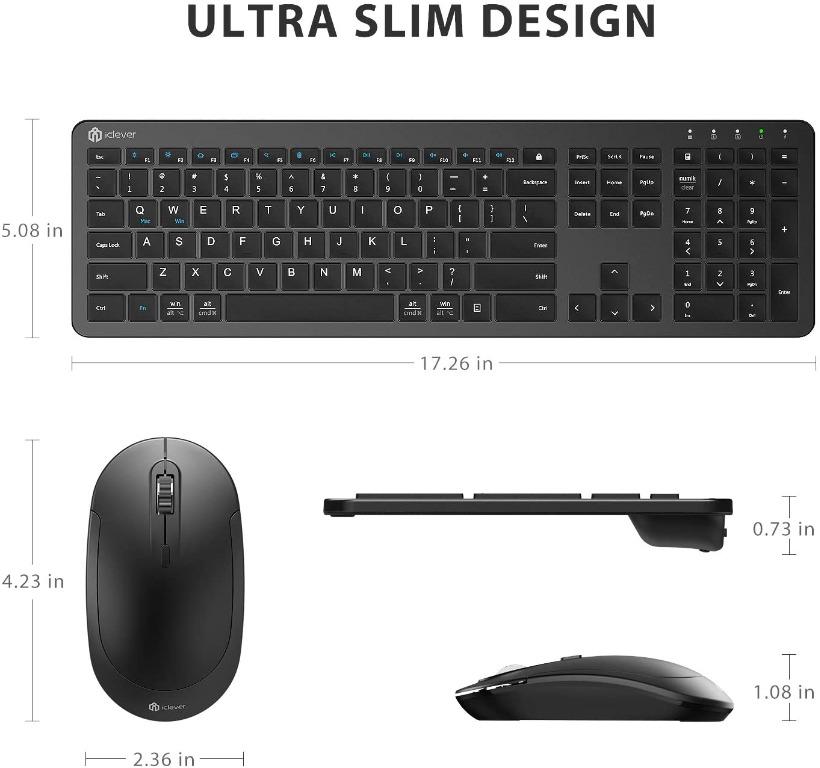 iClever GK08 Wireless Keyboard and Mouse - Rechargeable Wireless Keyboard Ergonomic Full Size ...