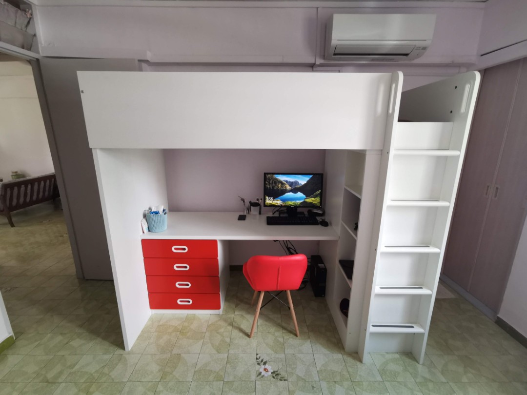 Ikea Red Loft Bed with Desk and Drawers, Furniture & Home Living ...