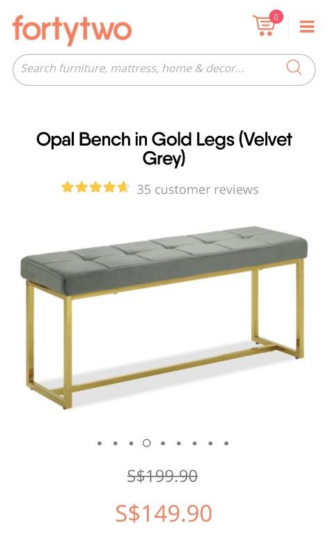 Opal Bench in Gold Legs - Velvet Grey (Fortytwo), Furniture & Home ...