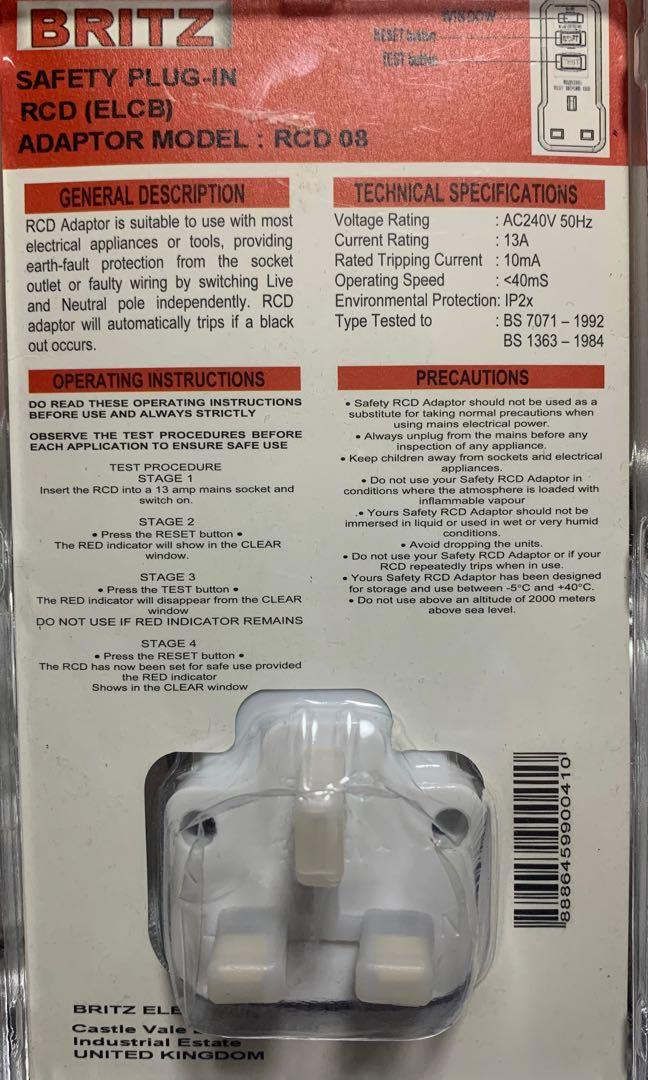 Safety RCD (ELCB) adaptor, Furniture & Home Living, Home Improvement ...