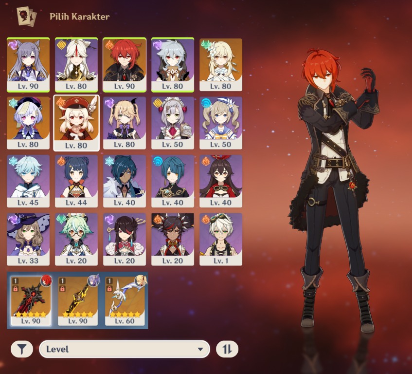 Diluc C1 + Wolf Gravestone, Keqing + Summit Shaper, Qiqi C1, Klee, Amos ...