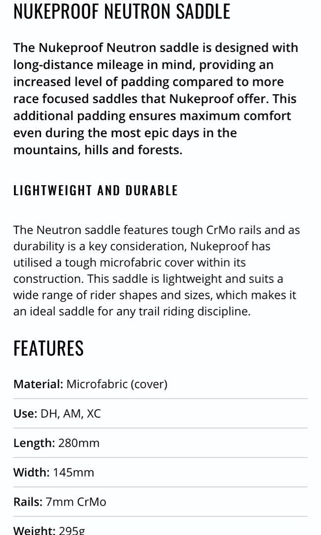 Nukeproof Neutron Saddle - MTB / Gravel, Sports Equipment, Bicycles ...