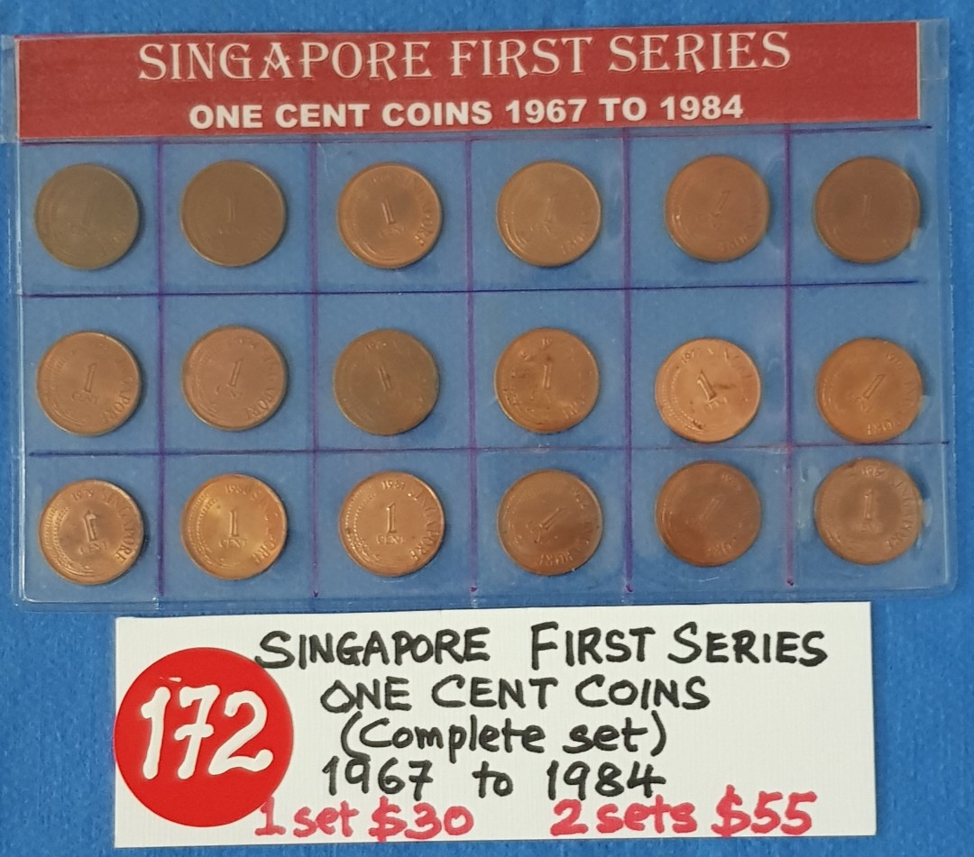 SINGAPORE FIRST SERIES ONE CENT COINS. COMPLETE SET FROM 1967 TO 1984 ...