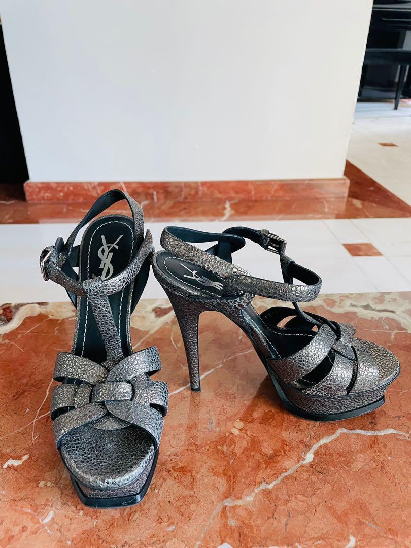 YSL metallic dark silver tribute sandals, Women's Fashion, Footwear ...