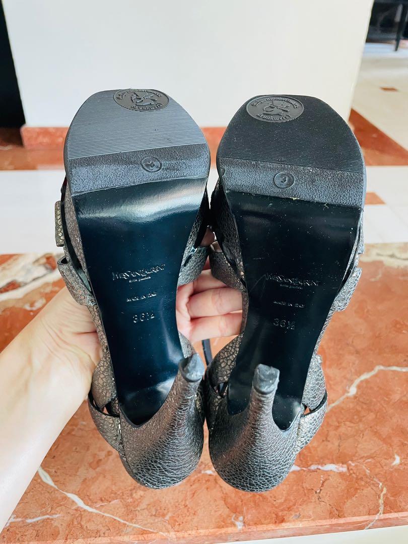 YSL metallic dark silver tribute sandals, Women's Fashion, Footwear ...