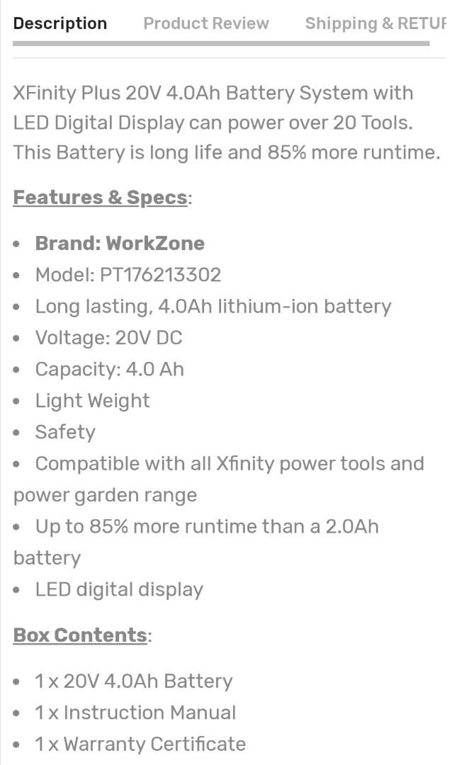 Workzone Gardenline Ferrex Xfinity Plus 20V 4.0Ah Rechargeable Li-Ion ...