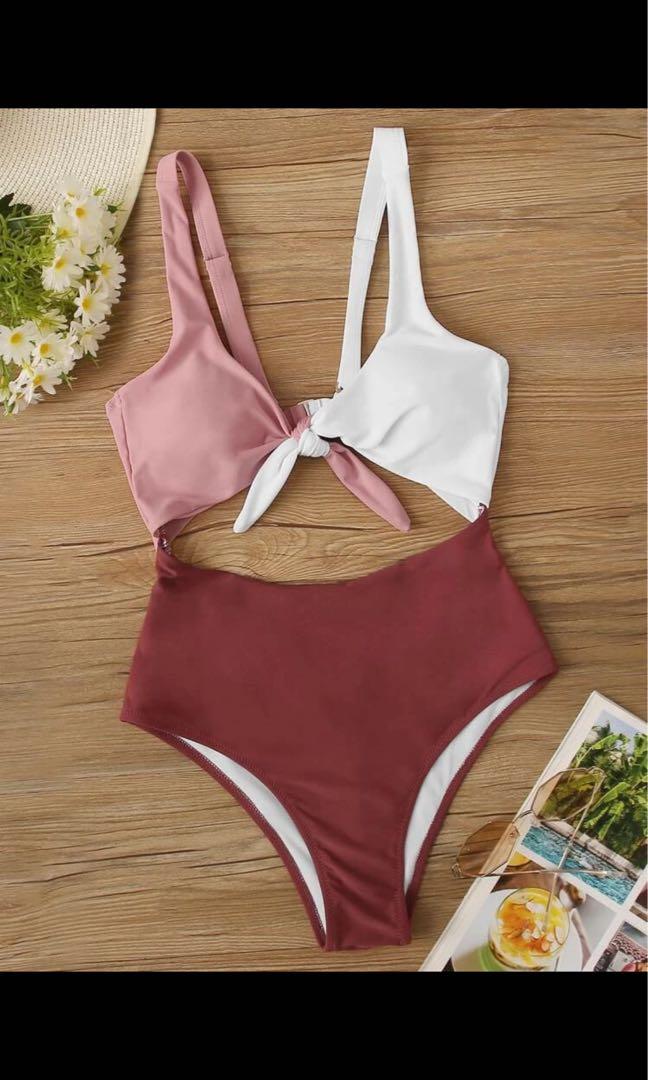 Colorblock Tie Front Cut Out One Piece Swimsuit Womens Fashion