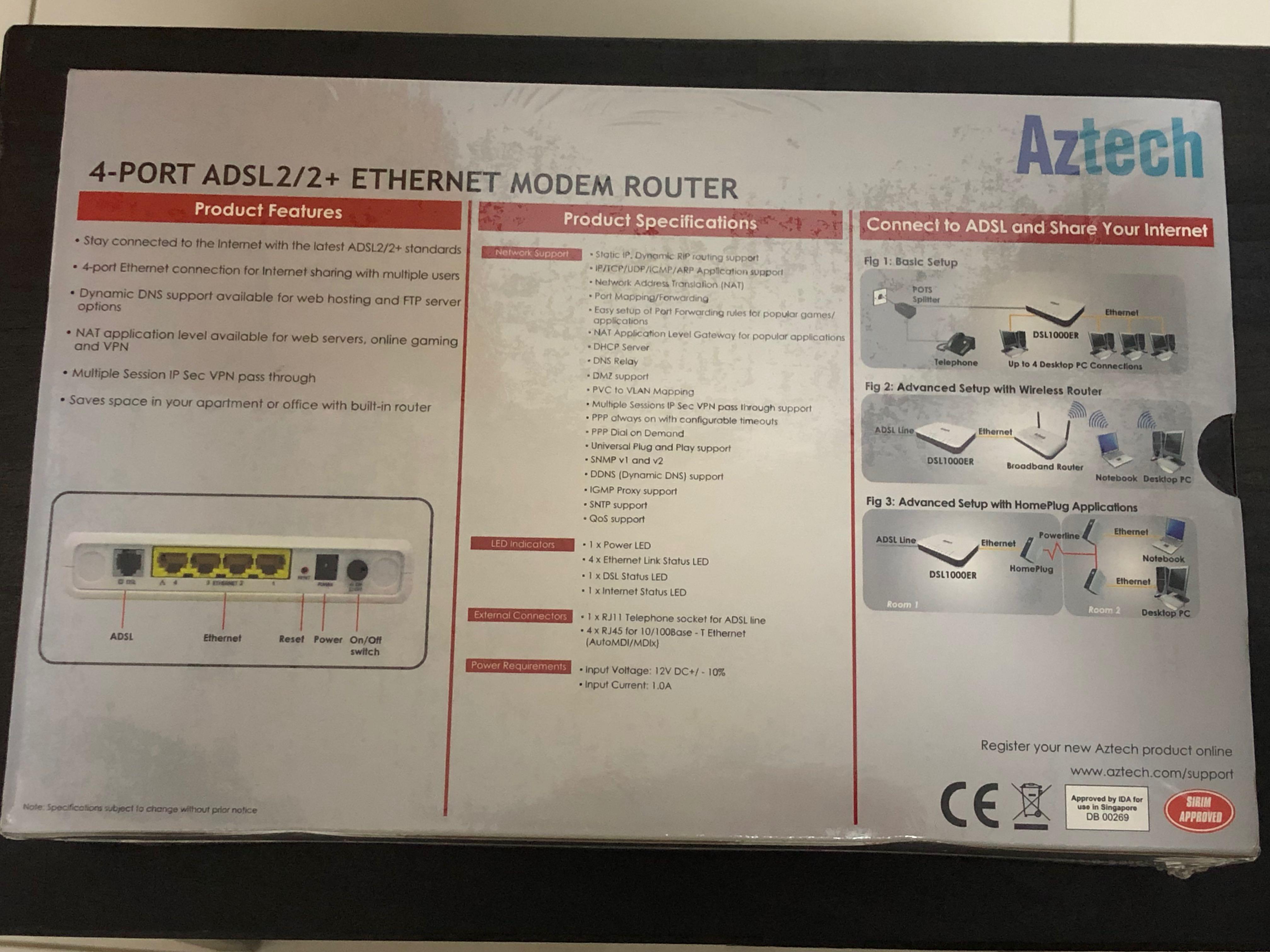 Aztech 4-port ADSL2/2+ Ethernet Modem Router, Computers & Tech, Parts ...
