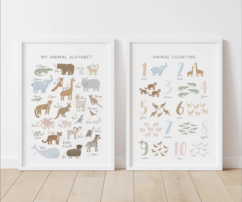 Educational Posters of Animal Alphabet & Numbers Prints for Baby ...