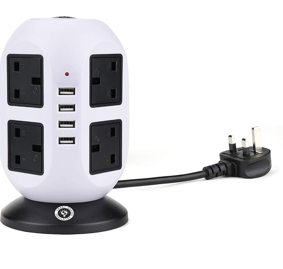 Extension Lead Tower Power Strip Socket with USB 4 USB Ports 8 Way ...