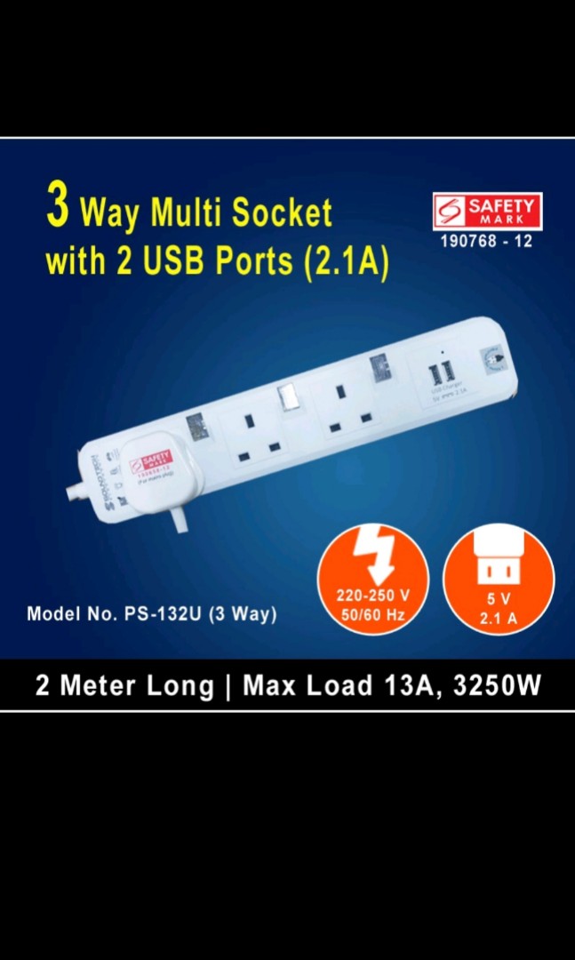 3 way Extension socket with usb port safety mark, TV & Home Appliances ...