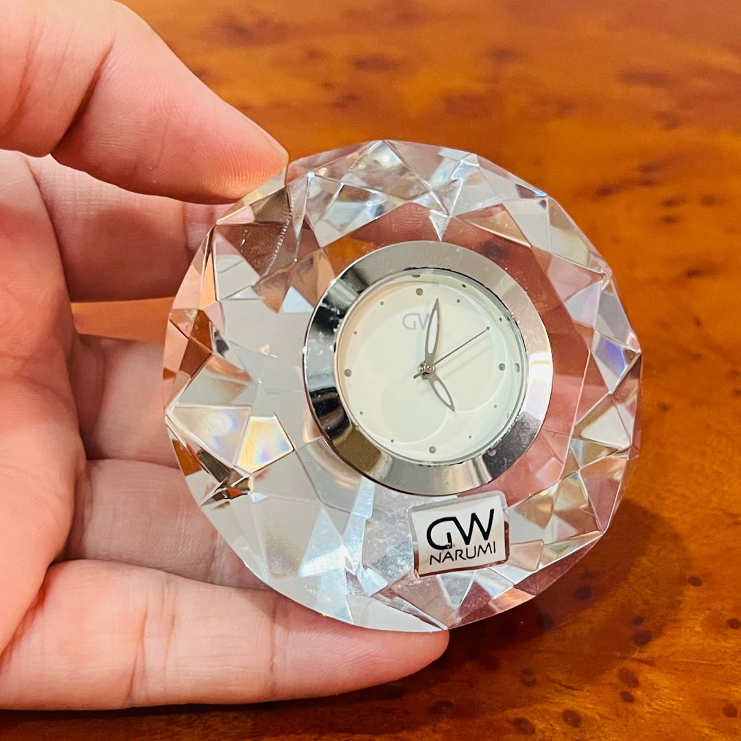 NARUMI GLASS WORKS DIAMOND OPTICAL CUT GLASS DESK CLOCK WITH LABEL ...