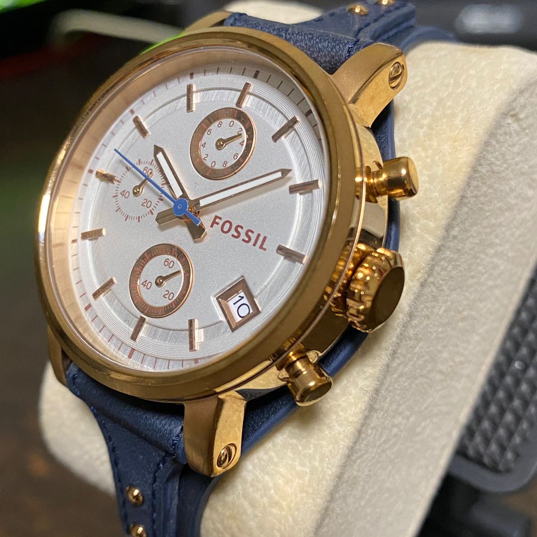Fossil Boyfriend Chronograph Navy Leather Watch, Women's Fashion ...