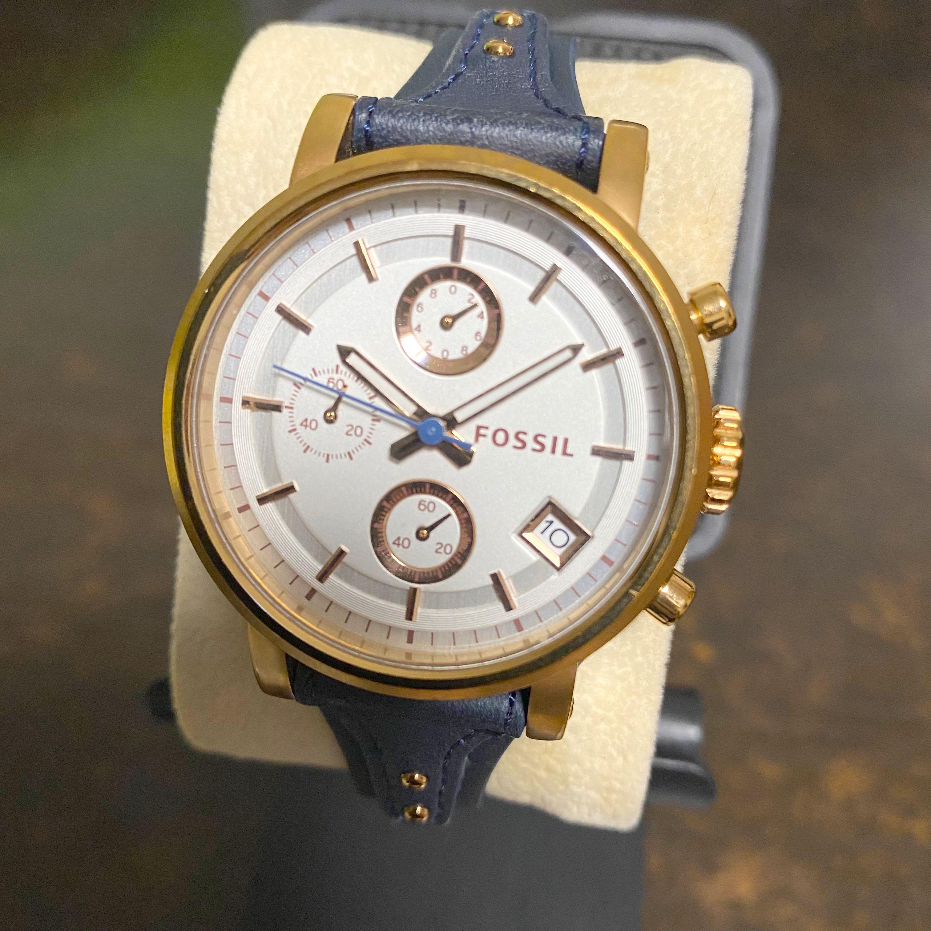 Fossil Boyfriend Chronograph Navy Leather Watch, Women's Fashion ...