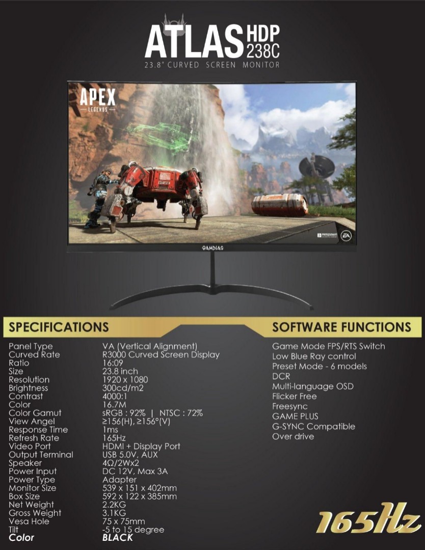 GAMDIAS 23.8" ATLAS HD238C 165HZ GAMING MONITOR, Computers & Tech ...