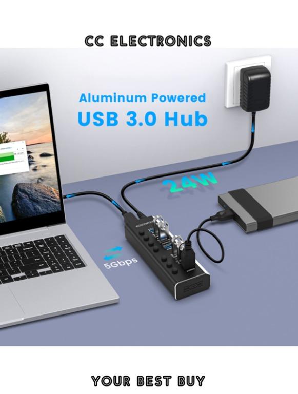 .New USB 3.0 Hub Powered RSHTECH 24W 7 Port USB 3 Data Hub Aluminum Portable USB Splitter with ...