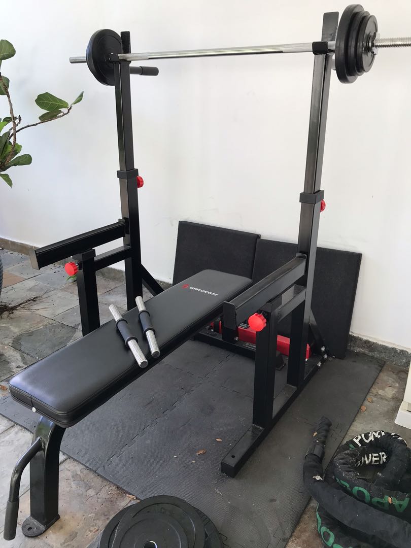 FULL HOME GYM / Squat rack + bench + barbells + weights + shock pads ...