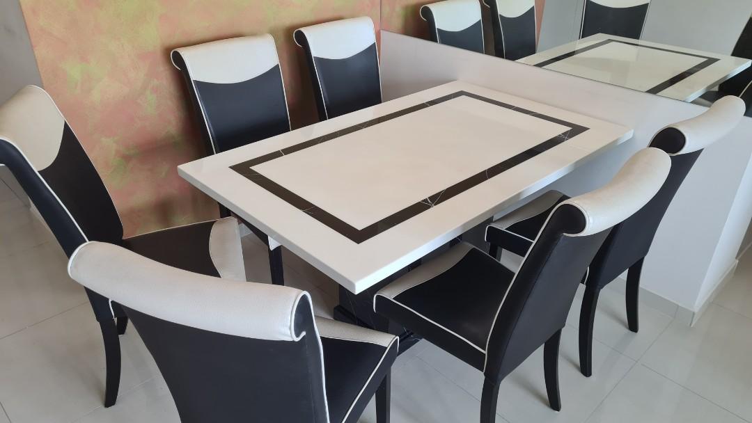 Black & White Themed Marble Dining Table Full Set (With 6 Chairs ...