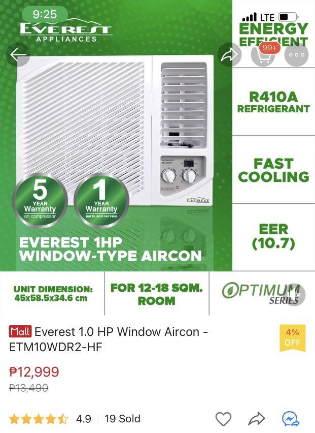 Everest Window-type Aircon 1hp, TV & Home Appliances, Air Conditioning ...