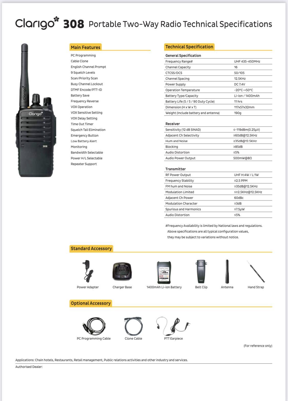 Motorola Clarigo Portable Two Way Radio Walkie Talkie 308 (License Free ...