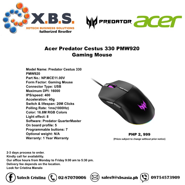 Acer Predator Cestus 330 PMW920 Gaming Mouse, Computers & Tech, Parts & Accessories, Mouse ...