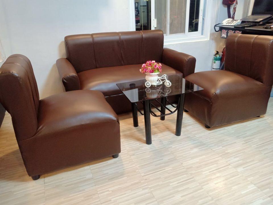 Brand new !! Sala set brown leather with glass table, Furniture & Home ...