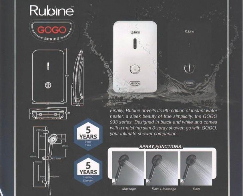 Rubine Instant Water Heater Shower Set GOGO RWH-933, TV & Home ...