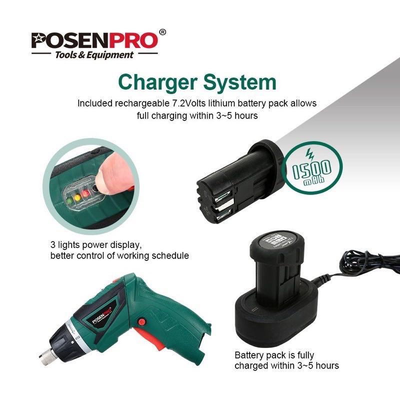 POSENPRO Cordless Screwdriver Rechargeable 7.2 Volt 1500mAh Li-ion ...