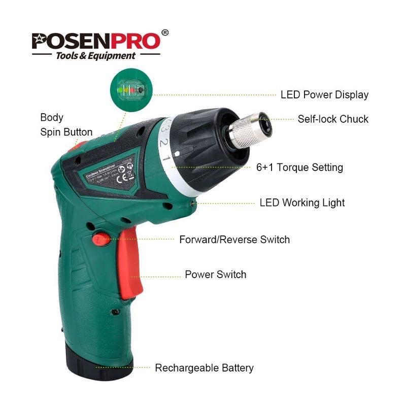 POSENPRO Cordless Screwdriver Rechargeable 7.2 Volt 1500mAh Li-ion ...
