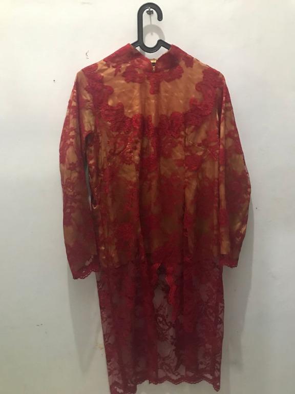 Set Busana Pesta Brokat & Songket / red gold cheongsam inspired ...