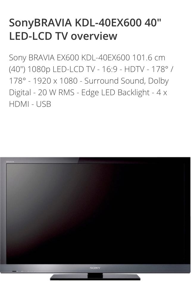 Sony Bravia 40” LCD TV model KDL-40EX600, TV & Home Appliances, TV ...