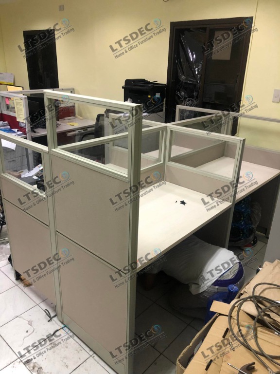 CALL CENTER TABLE WITH GLASS OFFICE PARTITIONS, Furniture & Home Living ...