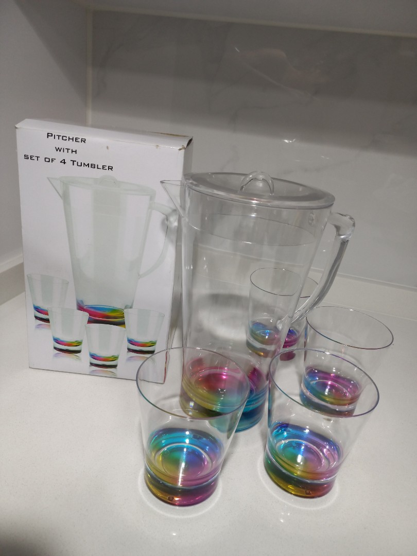 Multi-colored Set of Acrylic Pitcher w/ 4 Tumbler, Furniture & Home ...
