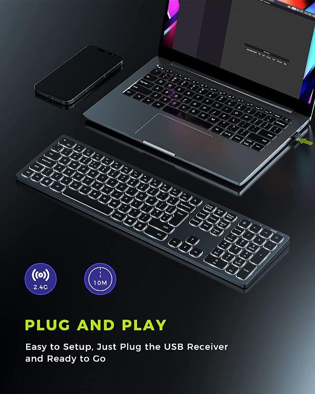 "Backlit Wireless Keyboard, Seenda Slim Full Size 2.4G USB Wireless ...