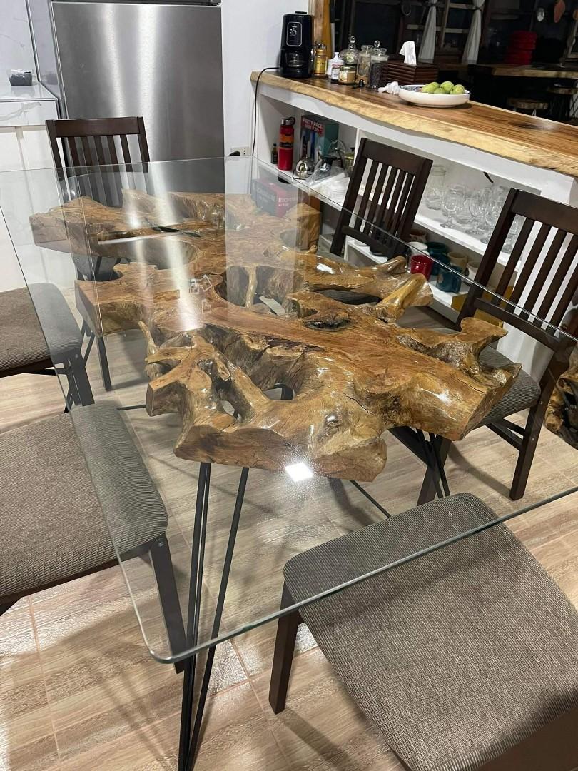 RUSTIC DINING TABLE WITH TEMPERED GLASS TOP (MADE TO ORDER), Furniture ...