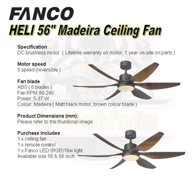 Fanco DC Ceiling Fan Heli MADEIRA 56 inch/66 inch / LED light 18W 3 ...