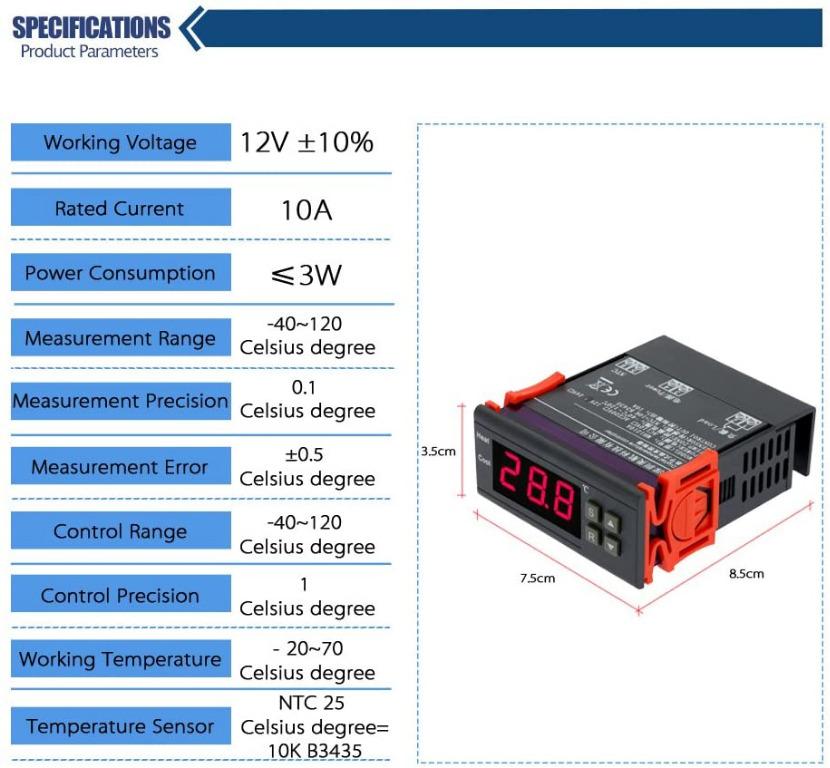 KKmoon 10A 12V Digital Temperature Controller Thermocouple -40℃ to 120℃ with Sensor Delay ...