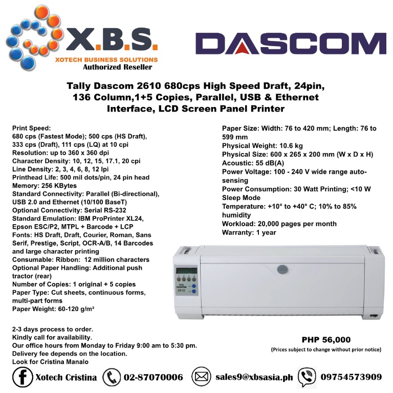 Tally Dascom 2610 680cps High Speed Draft, 24pin, 136 Column,1+5 Copies, Parallel, USB ...