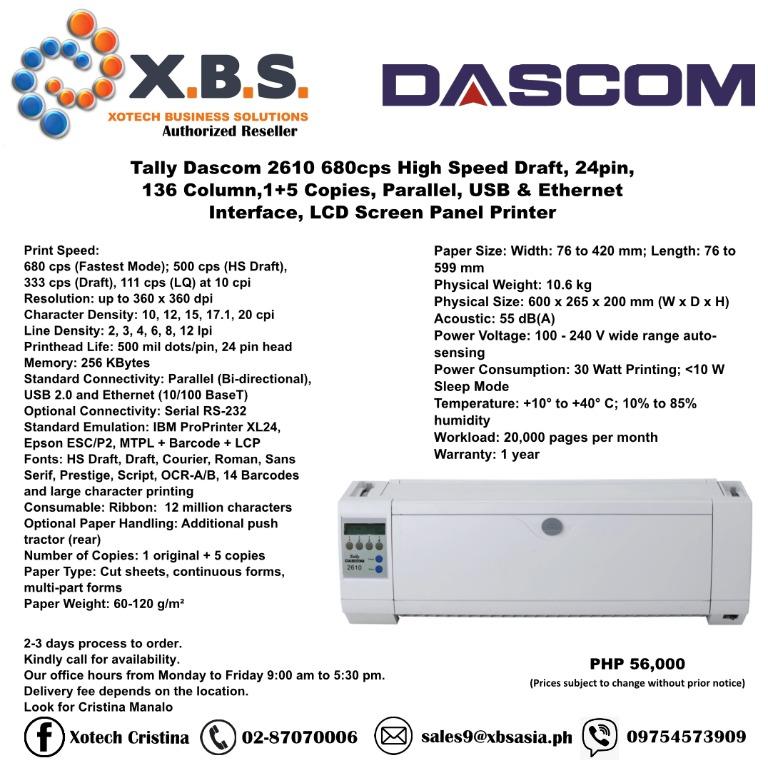 Tally Dascom 2610 680cps High Speed Draft, 24pin, 136 Column,1+5 Copies ...