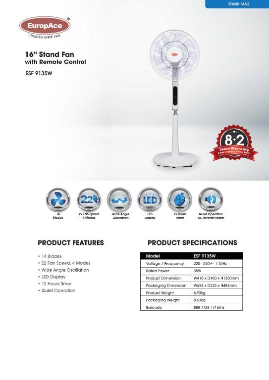 EuropAce DC Motor Stand Fan with Remote Control 16", Furniture & Home ...