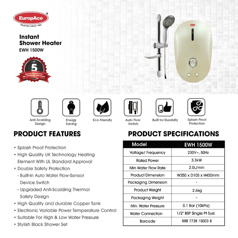 EuropAce Instant Shower Heater- 5 Years Heating Element Warranty, TV ...