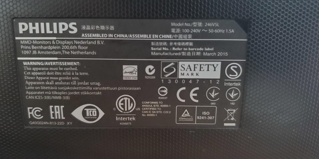 Philips 24.0" Monitor 246v5l 1920x1080, Computers & Tech, Parts & Accessories, Monitor Screens ...