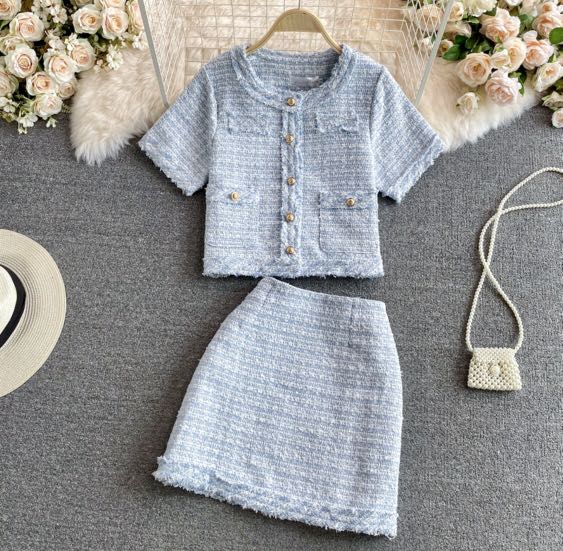 On-Hand Medium Blue Tweed Coords, Women's Fashion, Dresses & Sets, Sets ...