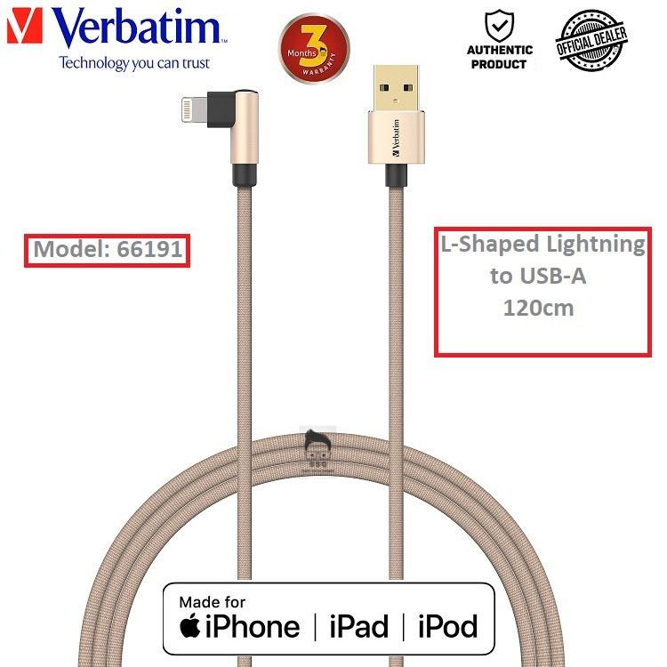 Verbatim L-Shaped Lightning to USB-A Sync & Charge 120cm MFI Certified ...