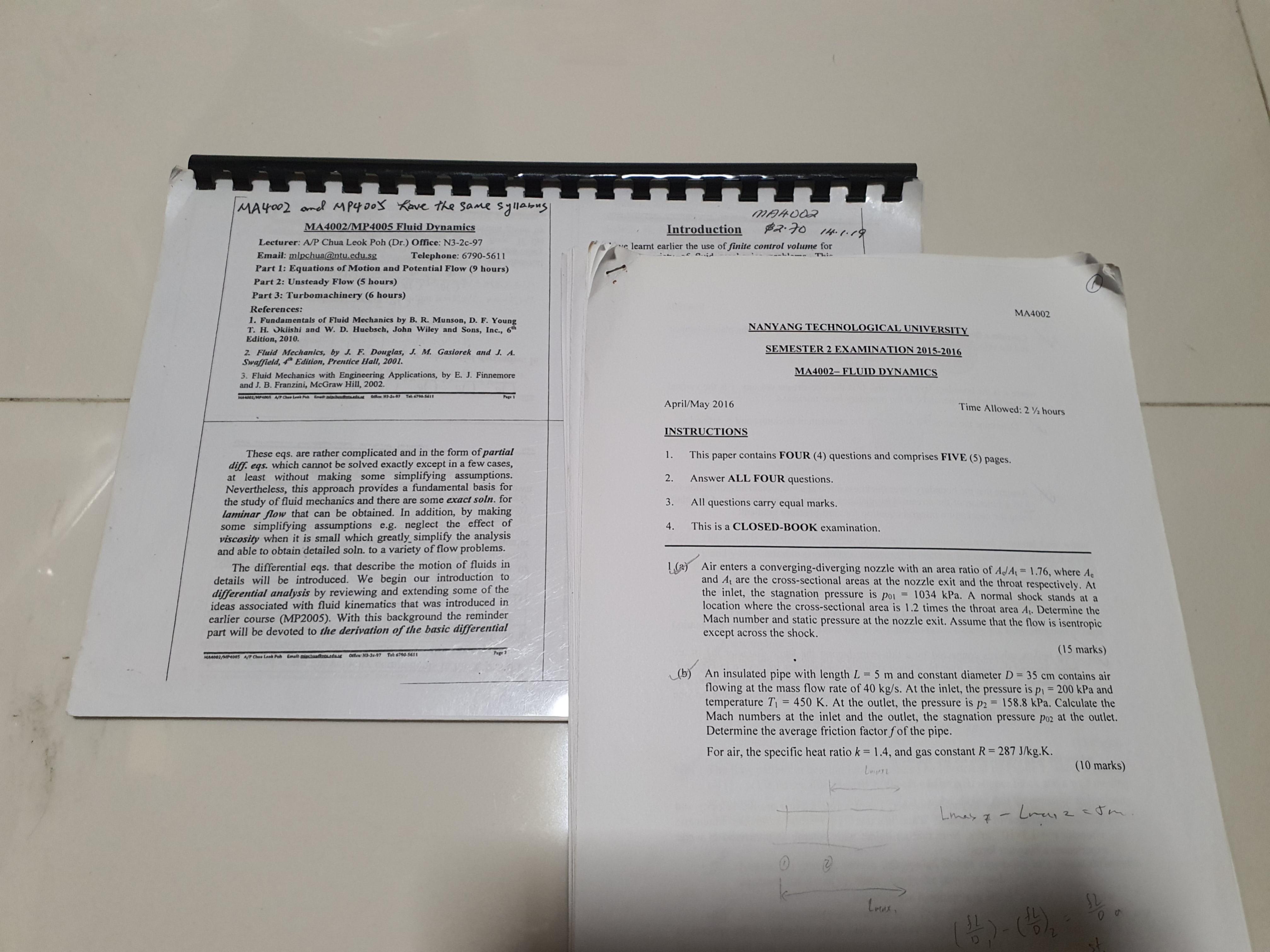 NTU Mechanical Engineering MAE MA4002 Fluid Dynamics MP4005, Everything Else on Carousell