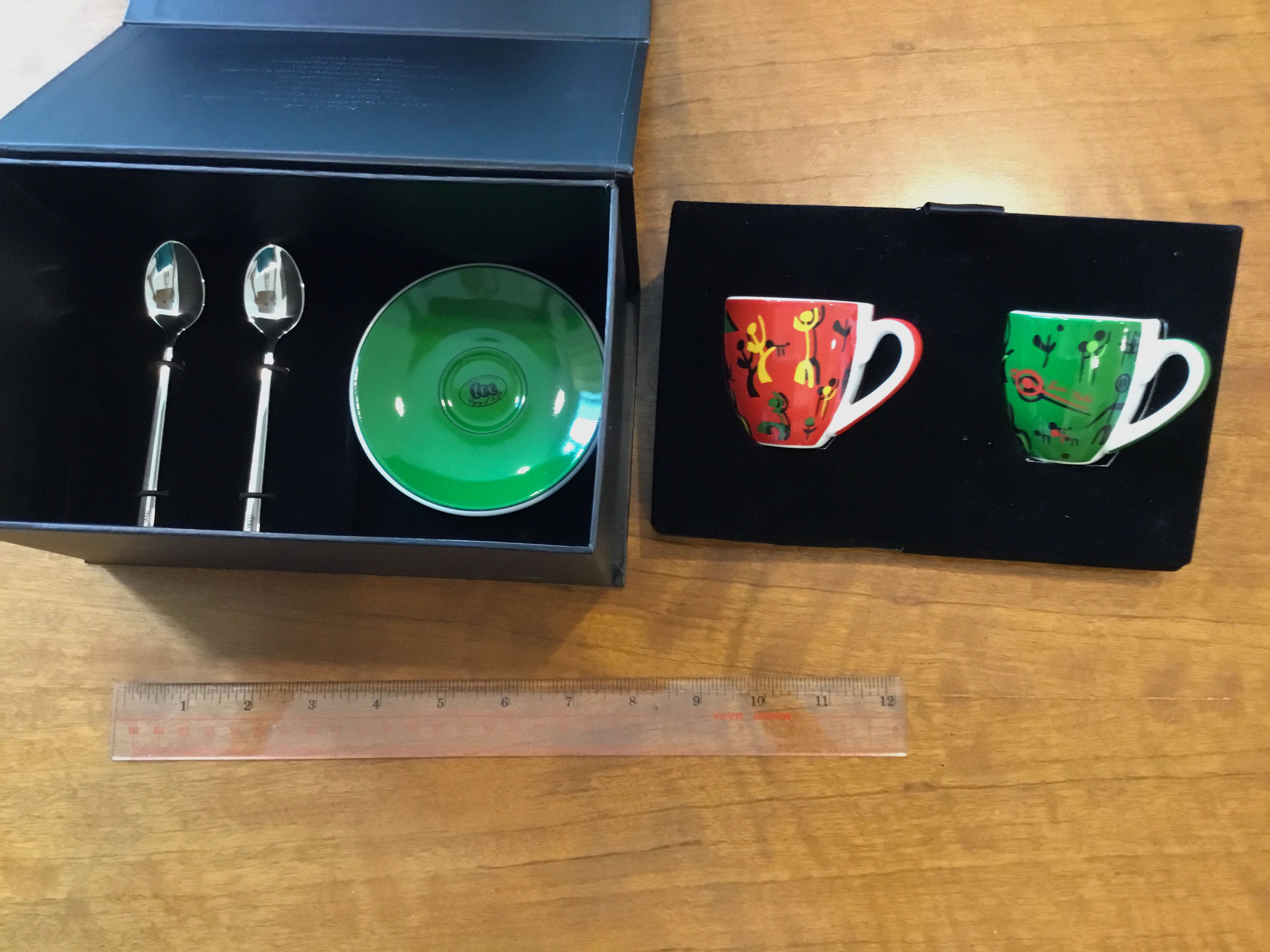 Set of espresso single and double shot cups, saucers and spoons. New in ...